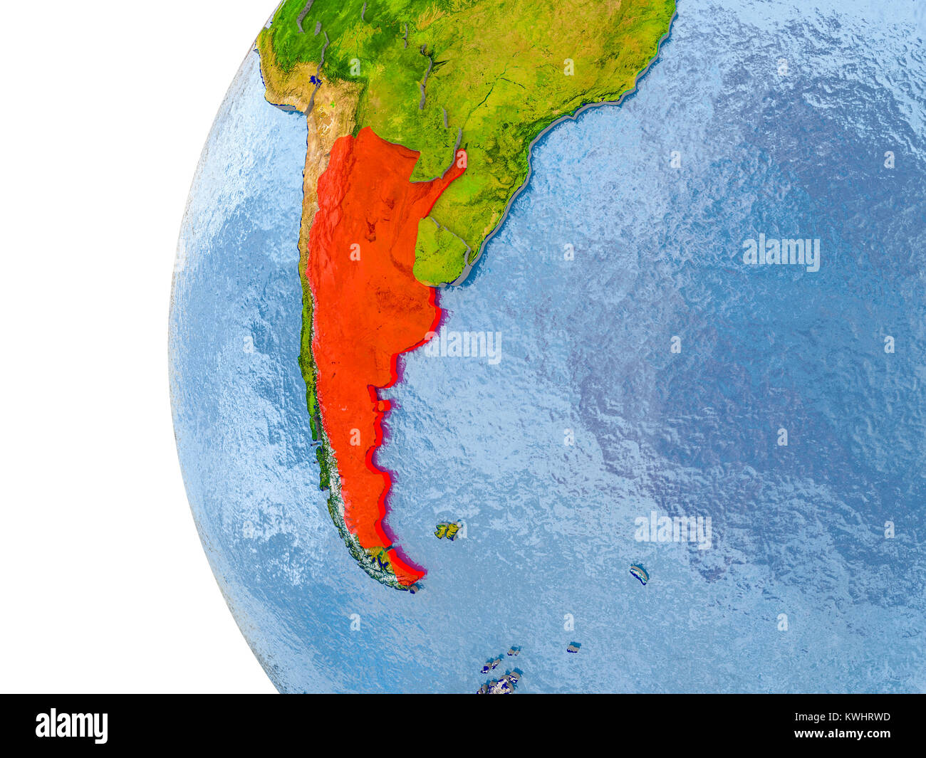 Argentina in red on globe with real land surface, visible country ...