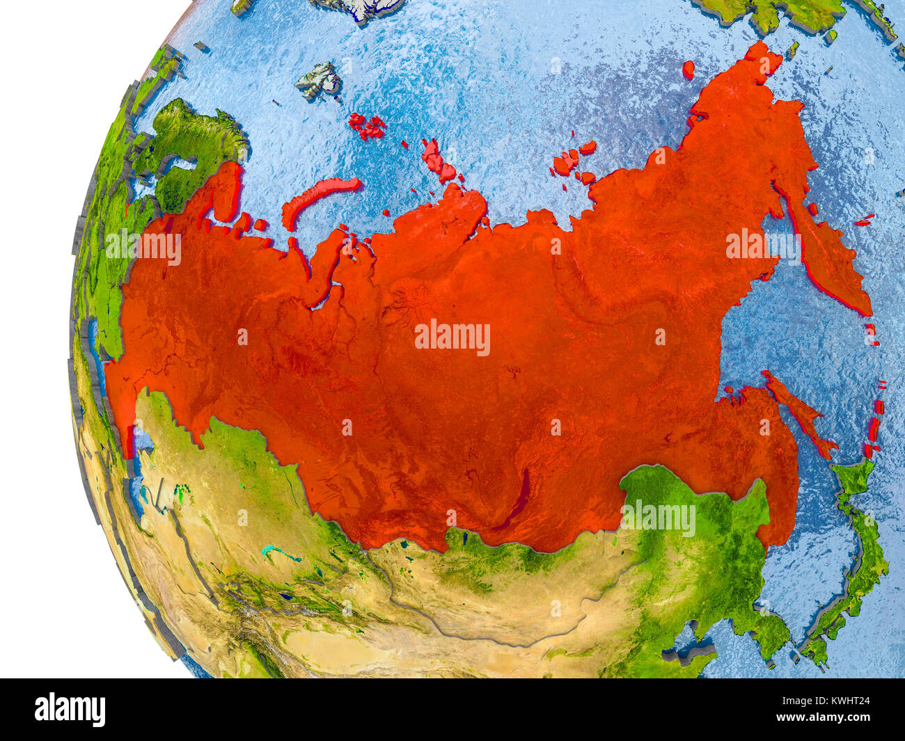 Russia in red on globe with real land surface, visible country borders ...