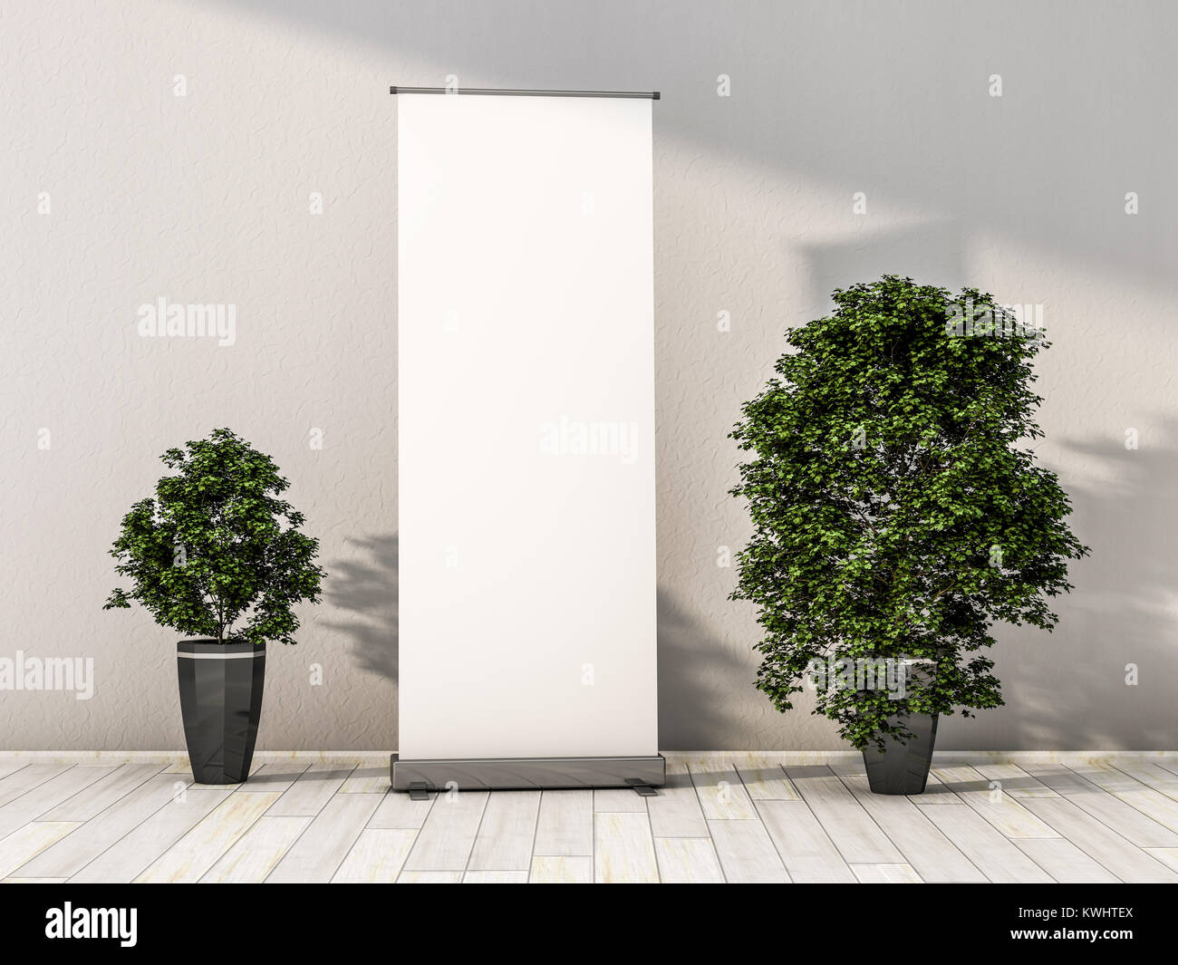 Blank roll up bunner in the interior. 3D rendering Stock Photo - Alamy