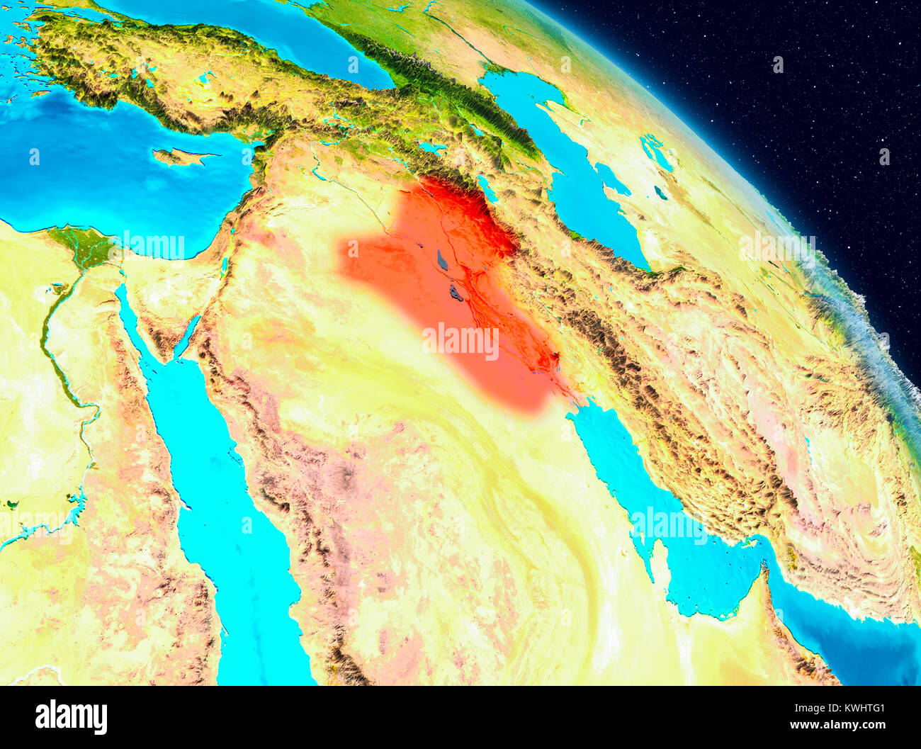 Space view of Iraq highlighted in red on planet Earth. 3D illustration ...