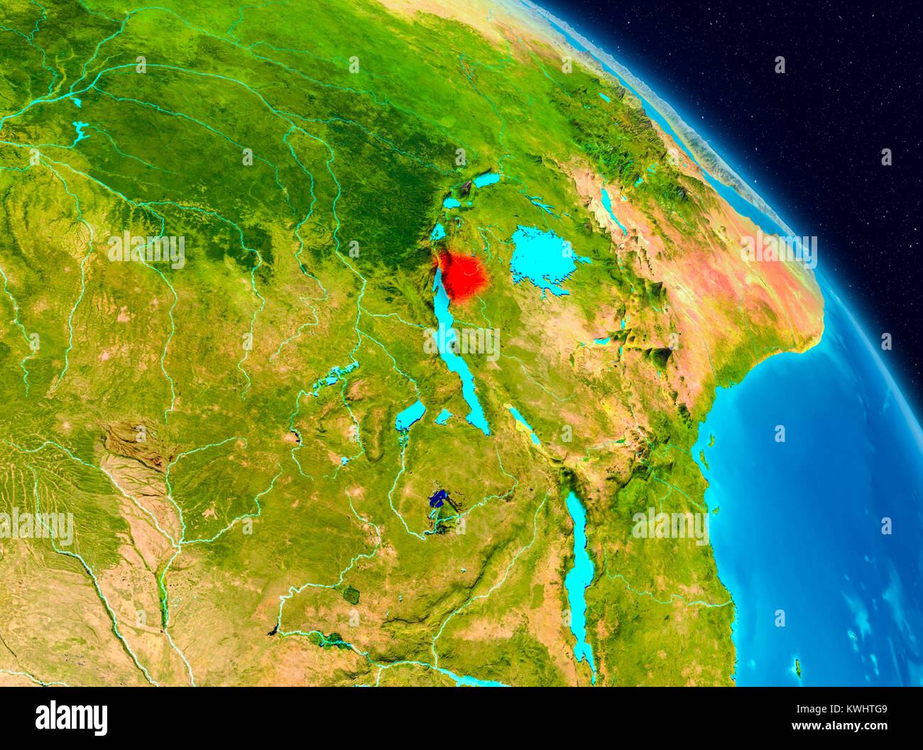 Space view of Burundi highlighted in red on planet Earth. 3D illustration. Elements of this ...