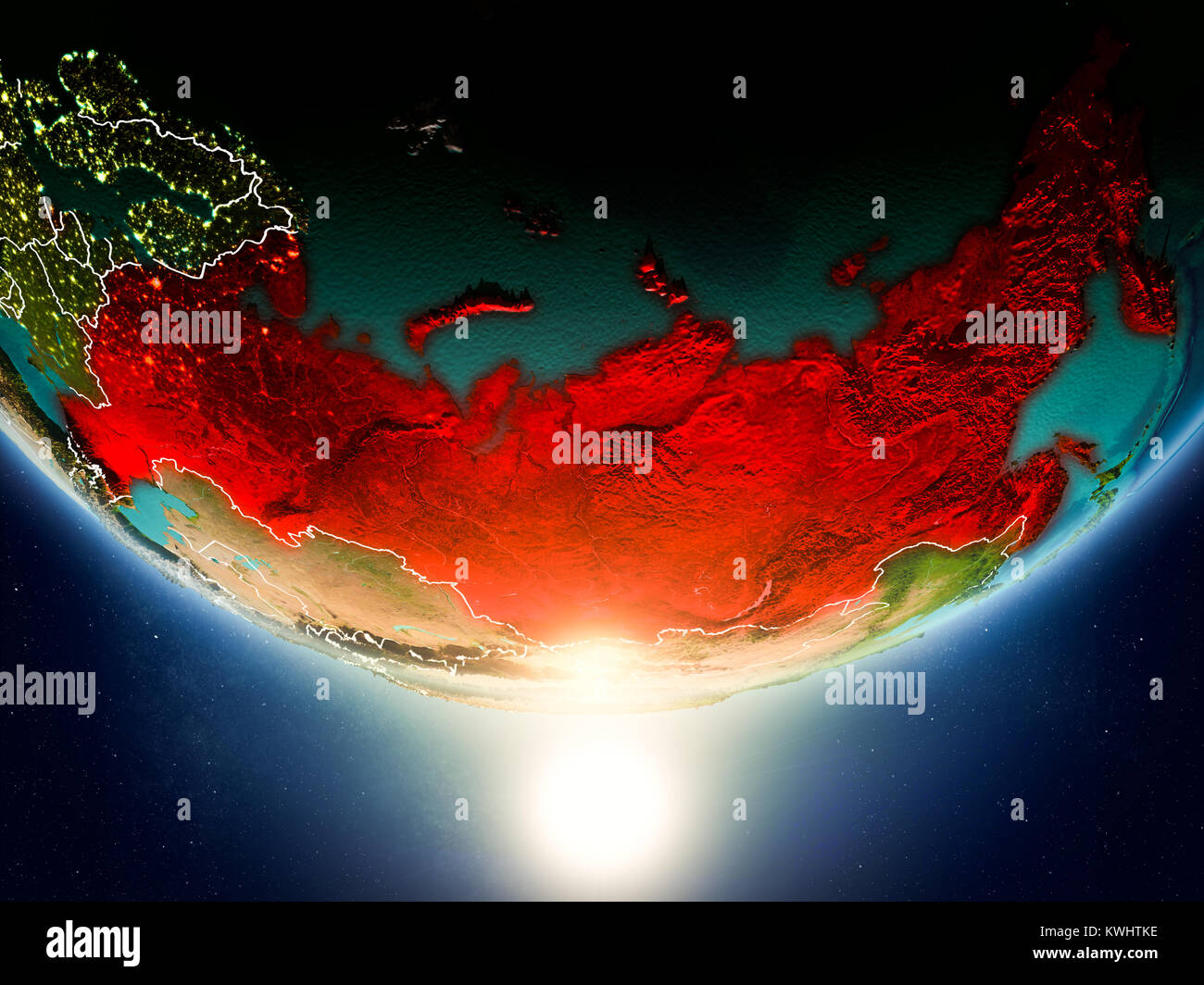 Russia from orbit of planet Earth in sunrise with highly detailed ...