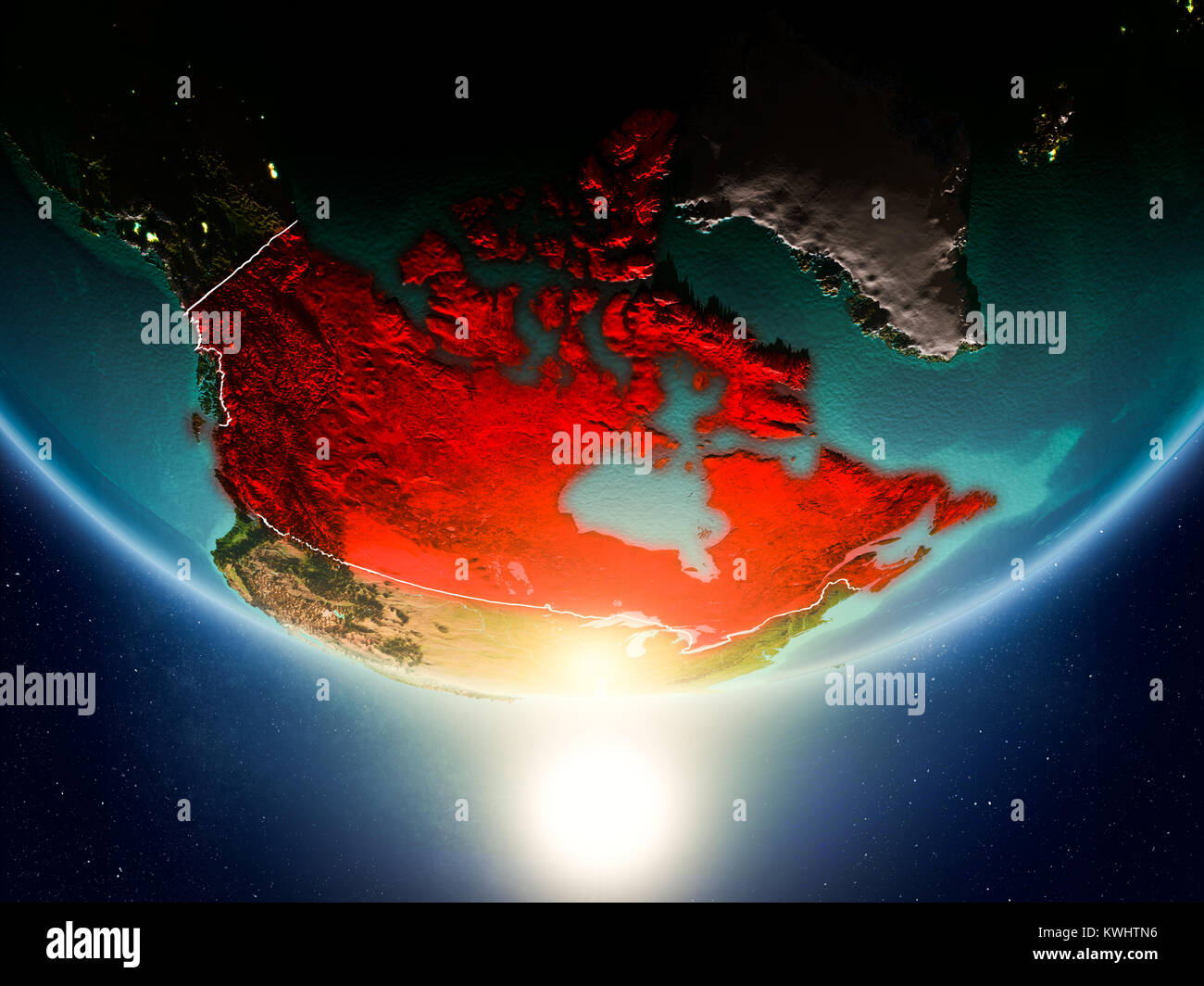 Canada from orbit of planet Earth in sunrise with highly detailed ...