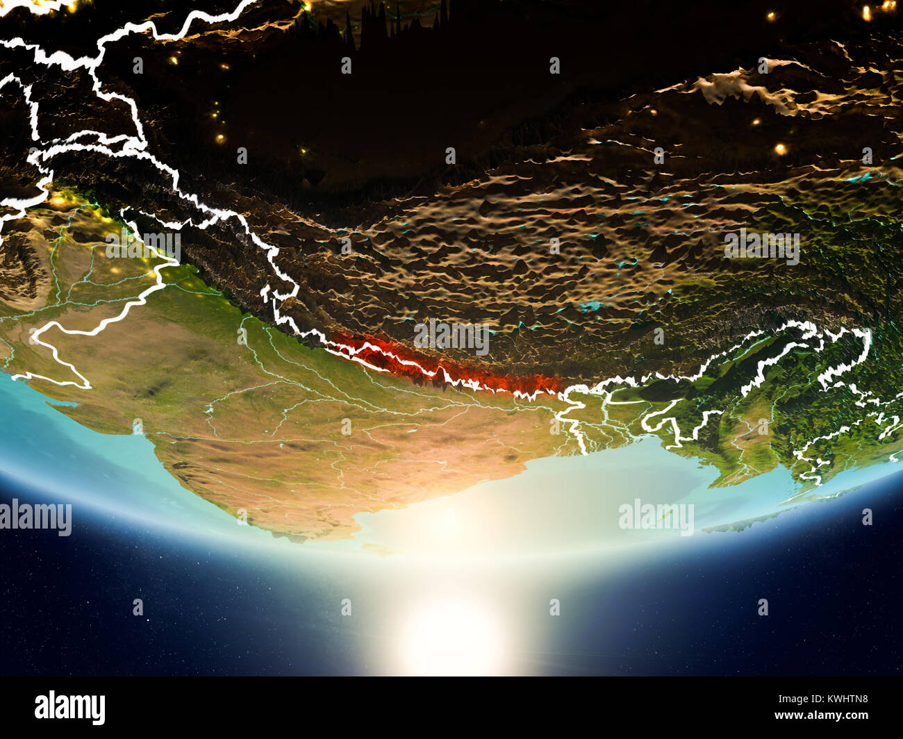 Nepal from orbit of planet Earth in sunrise with highly detailed ...