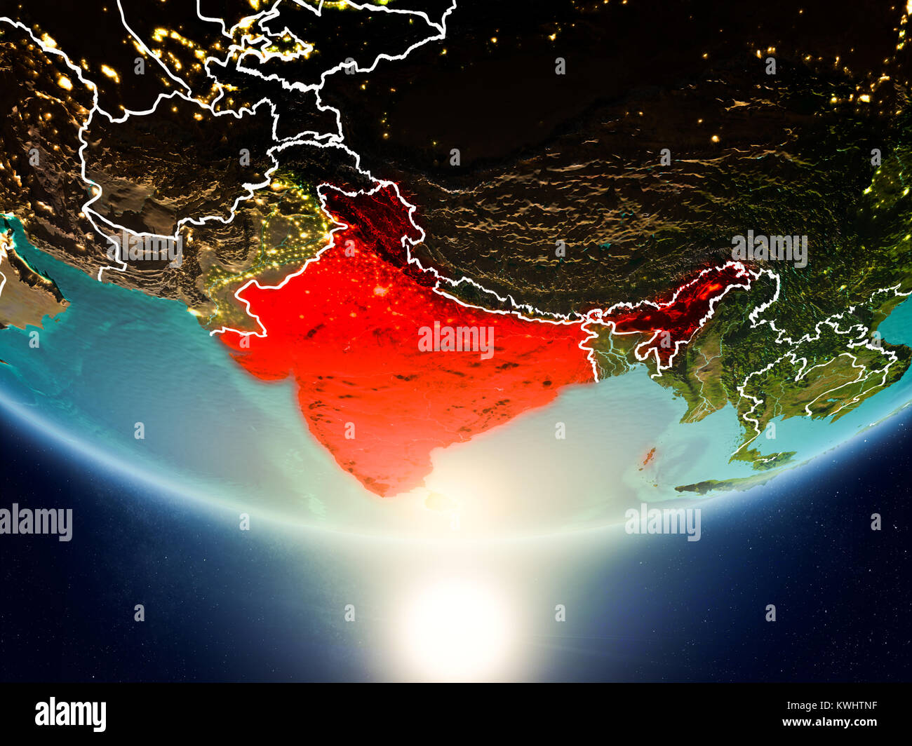 India from orbit of planet Earth in sunrise with highly detailed ...