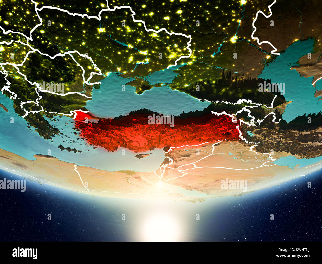 Turkey from orbit of planet Earth in sunrise with highly detailed ...