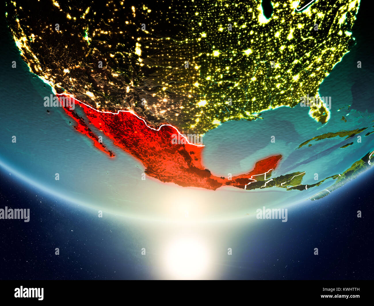 Mexico from orbit of planet Earth in sunrise with highly detailed ...