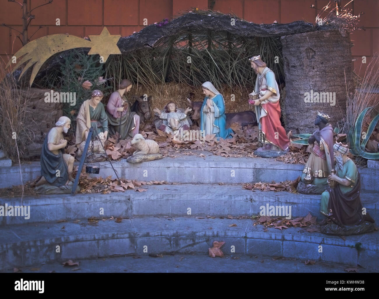 MALAGA, SPAIN - DECEMBER 19, 2017: Christmas crib scene with baby Jesus ...