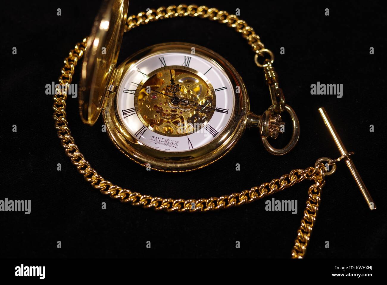 Half Hunter Gold Plated Pocket Watch Timepiece by Jean Pierre, on Black ...