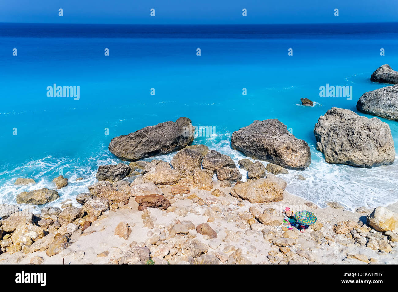 Aerial flight with drone over famous beach of Kavalikefta on the island ...