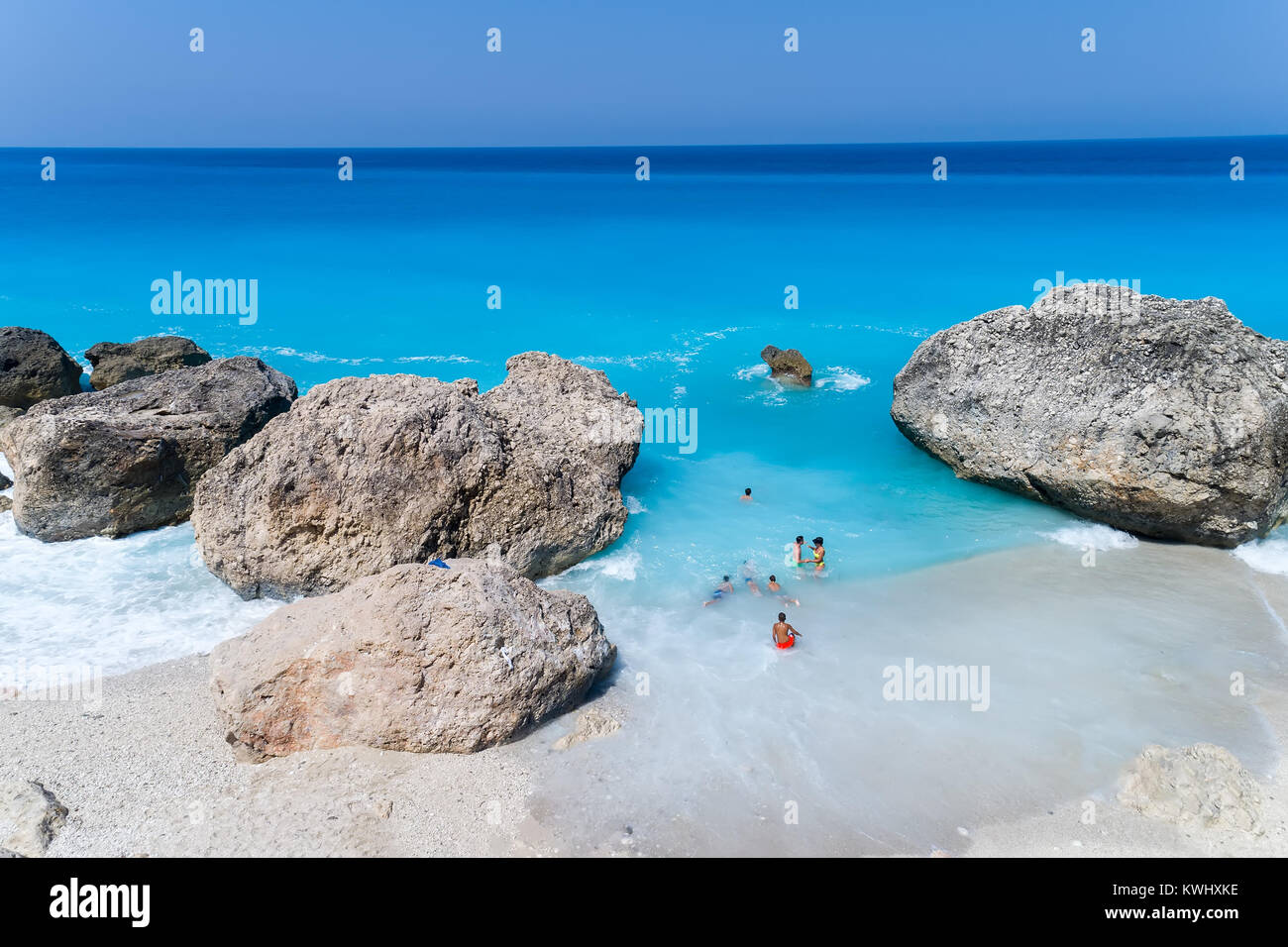 Aerial flight with drone over famous beach of Kavalikefta on the island ...