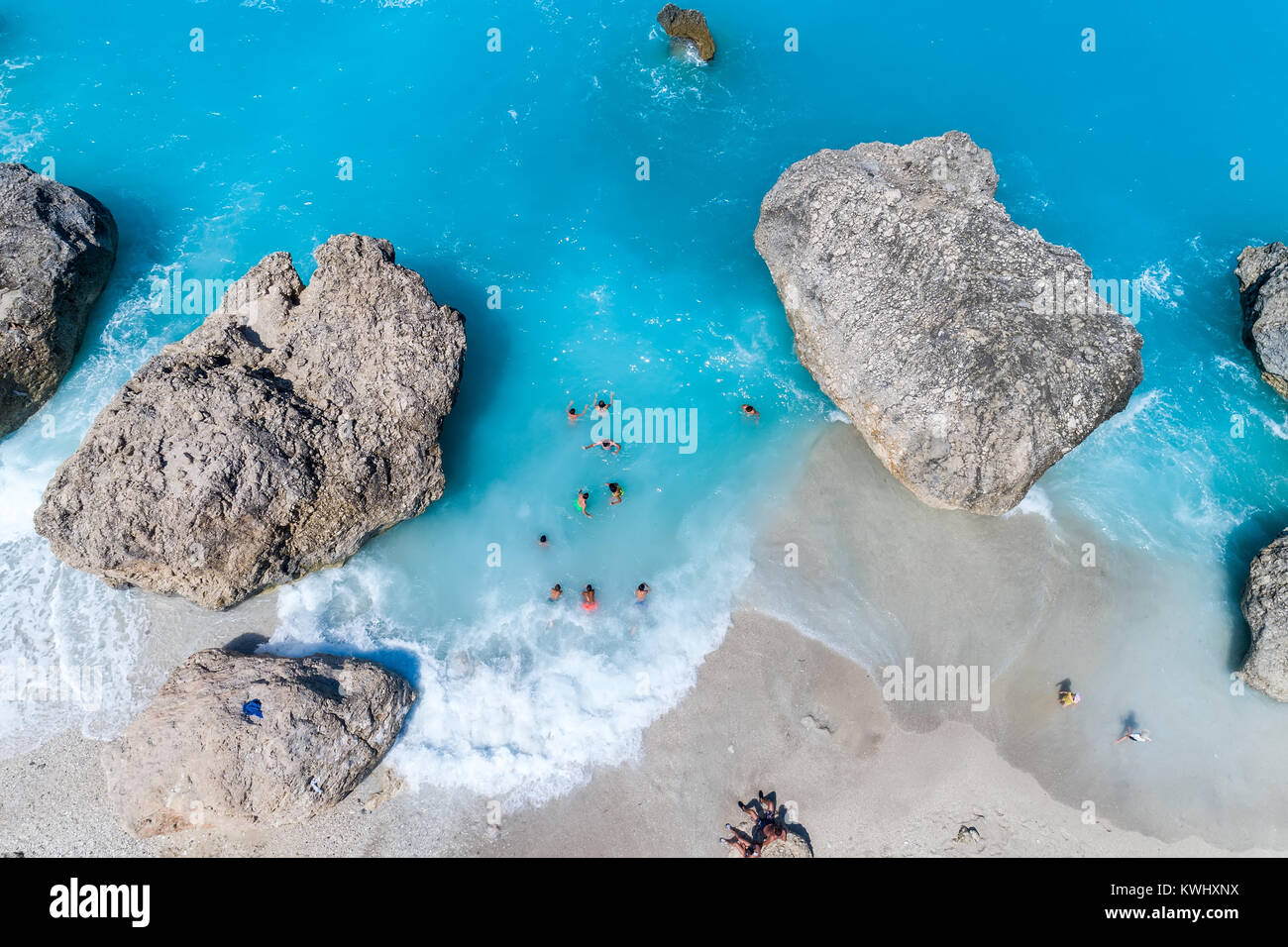 Aerial flight with drone over famous beach of Kavalikefta on the island ...