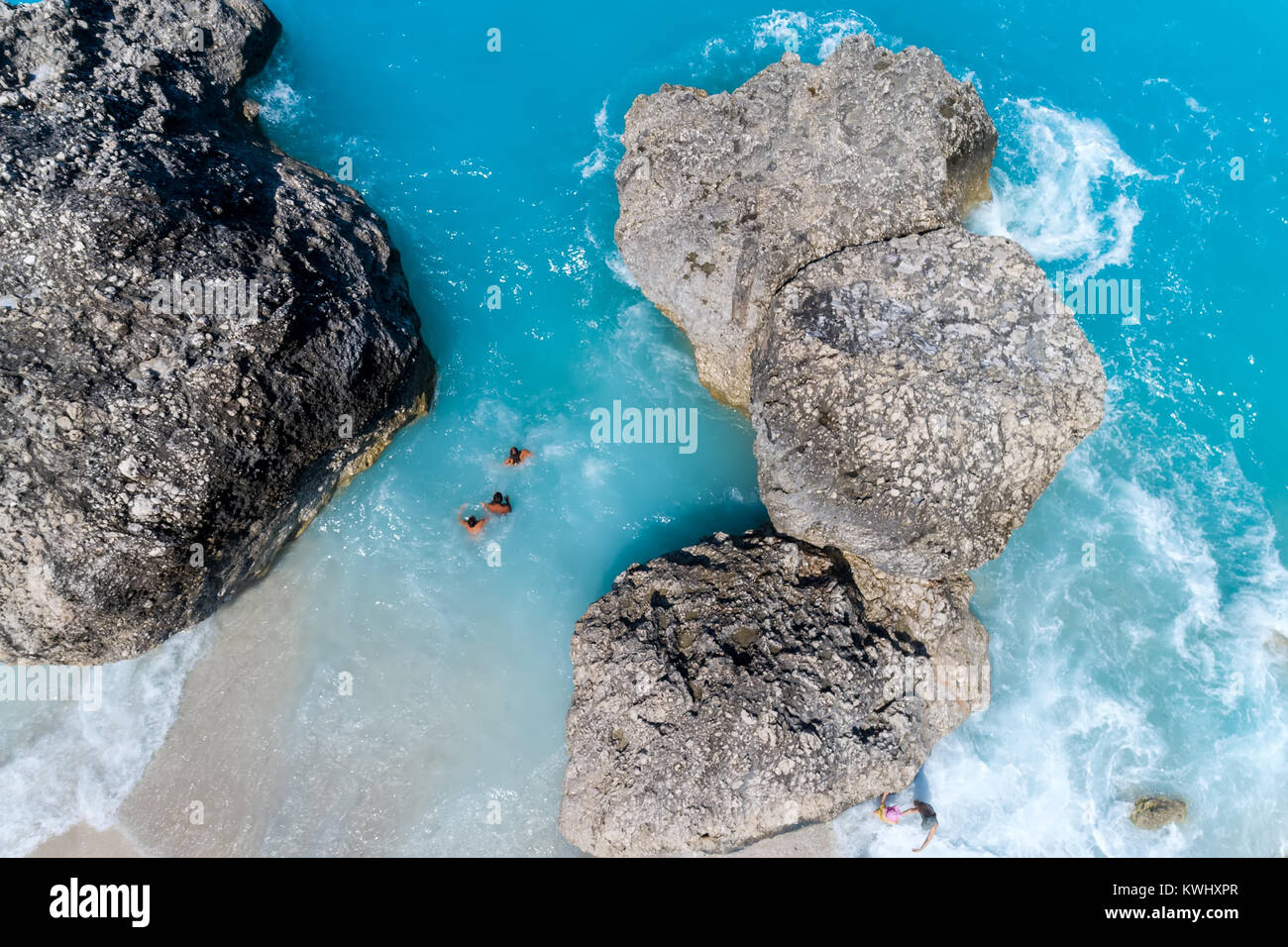 Aerial flight with drone over famous beach of Kavalikefta on the island ...