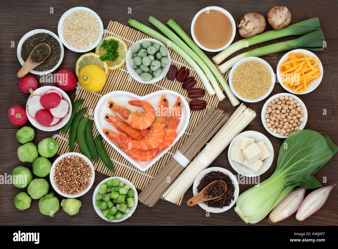 Macrobiotic health food concept with seafood, soba and udon noodles ...
