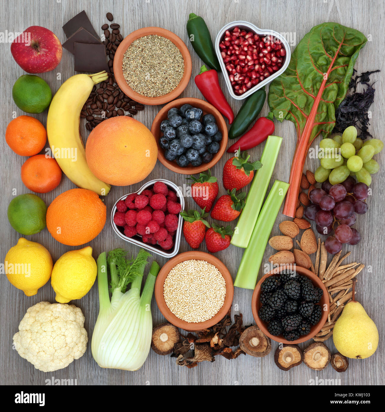 Diet health food with fresh fruit, vegetables, coffee, grains, nuts ...