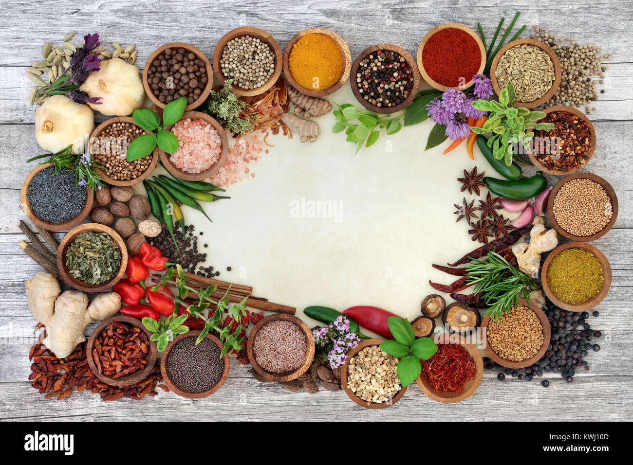 Spice and herb abstract border with fresh and dried herbs and spices on ...