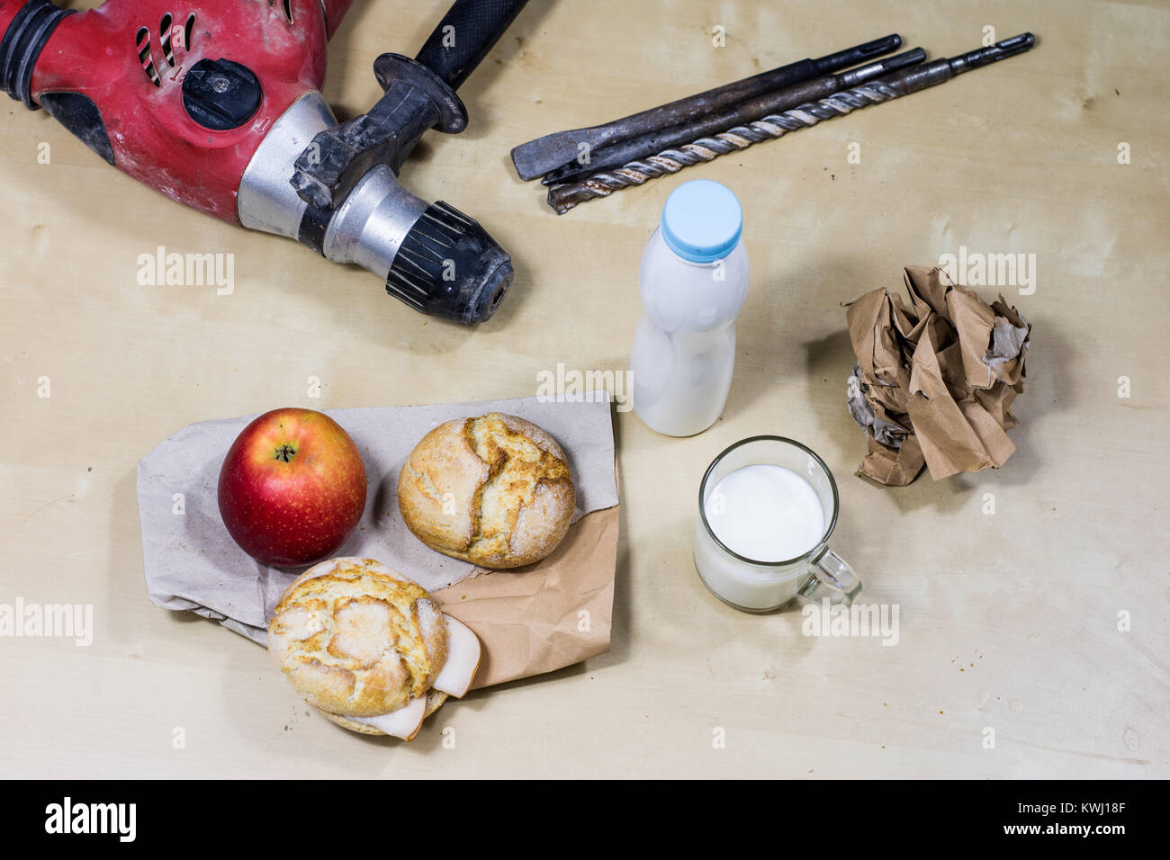 Fresh bread and milk for breakfast. Tasty morning breakfast at work on ...