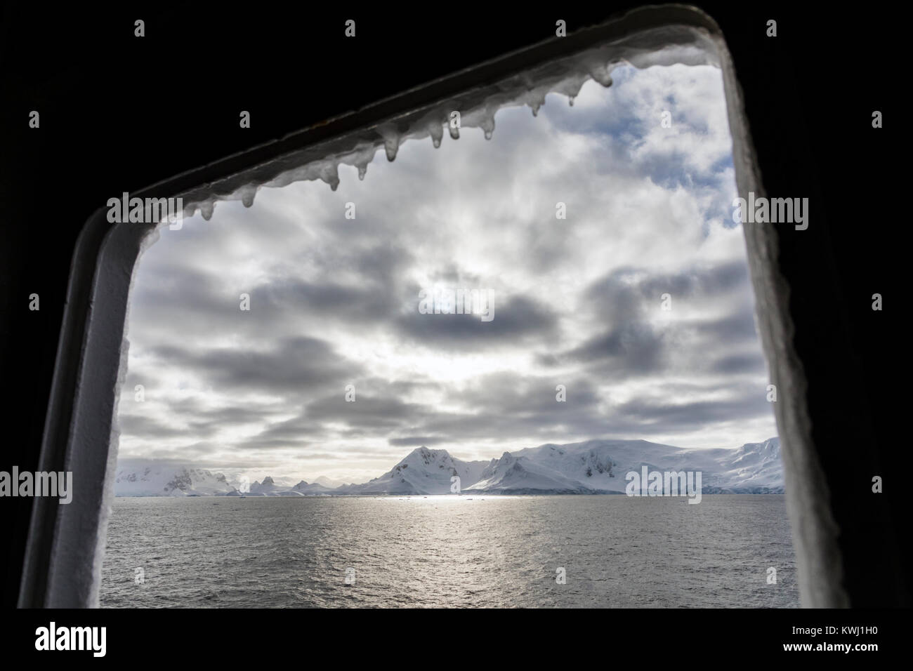 Ice coated windows; passenger ship Ocean Adventurer sails Boyd Strait ...