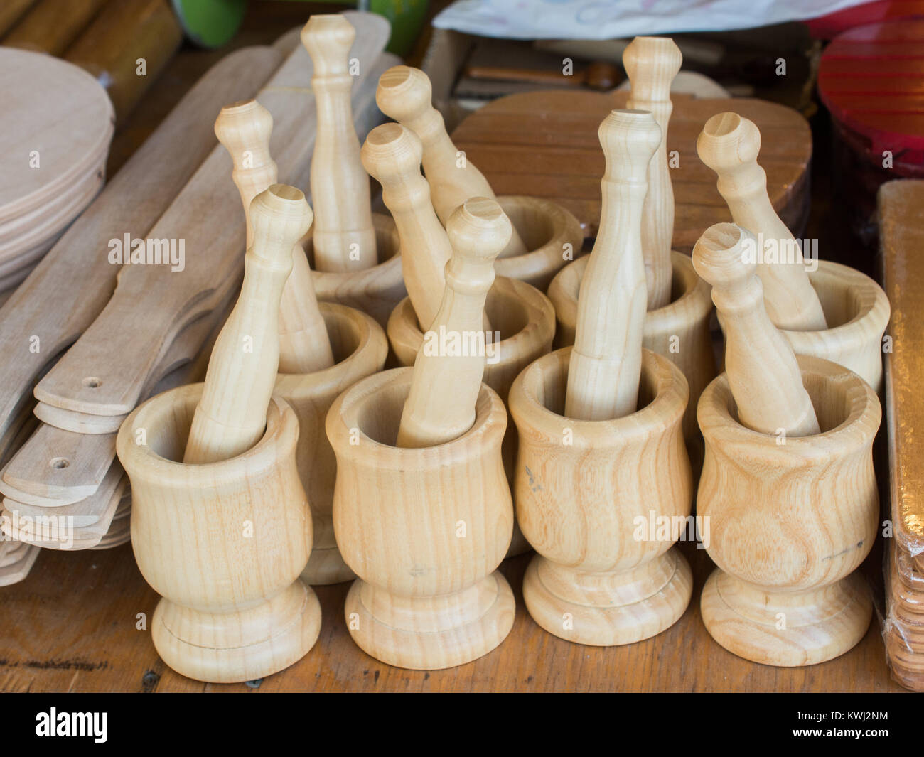 wooden mortars and pestles as a traditional kitchenware Stock Photo - Alamy