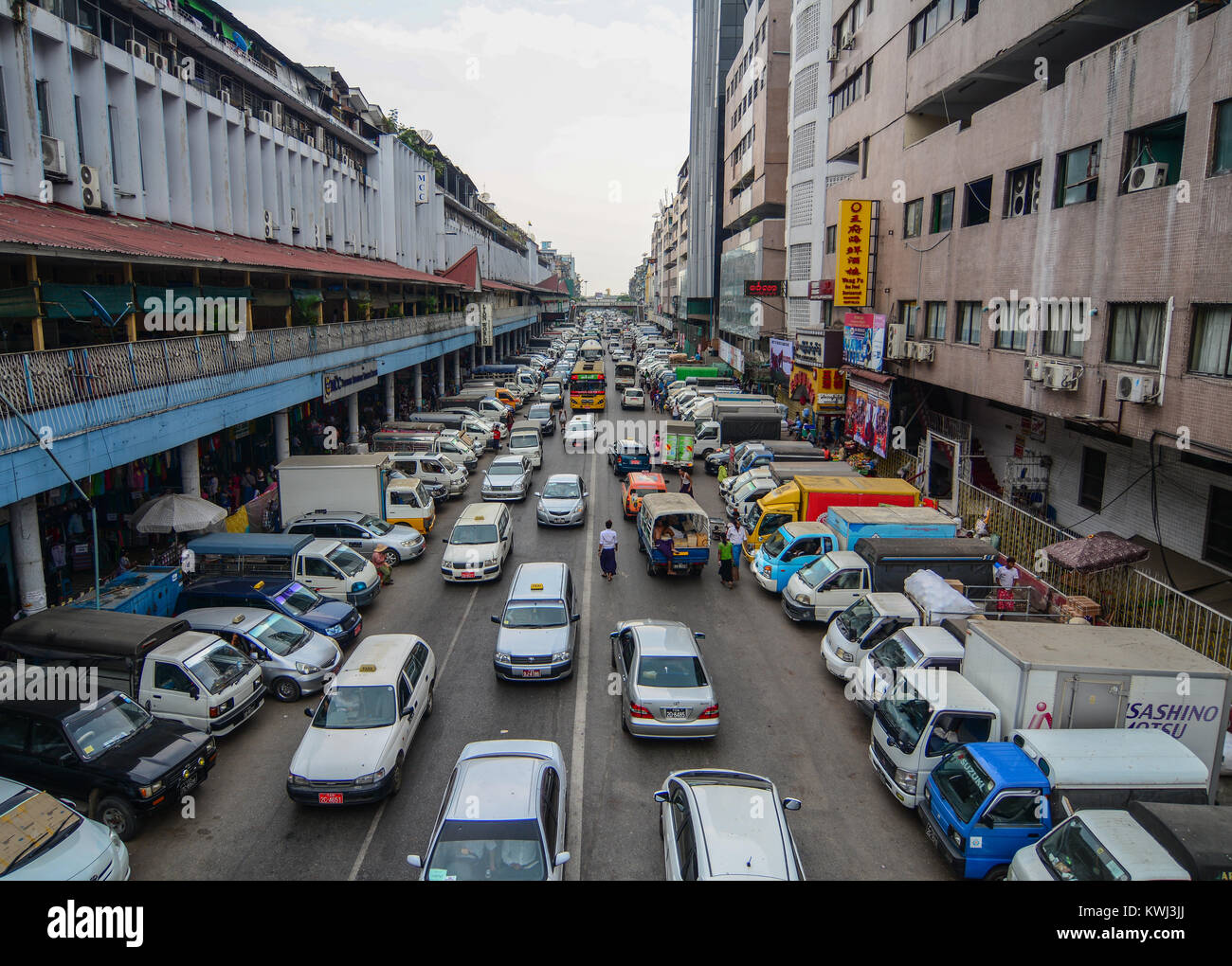 Yangon, Myanmar - Feb 26, 2016. Traffic jam at downtown in Yangon ...