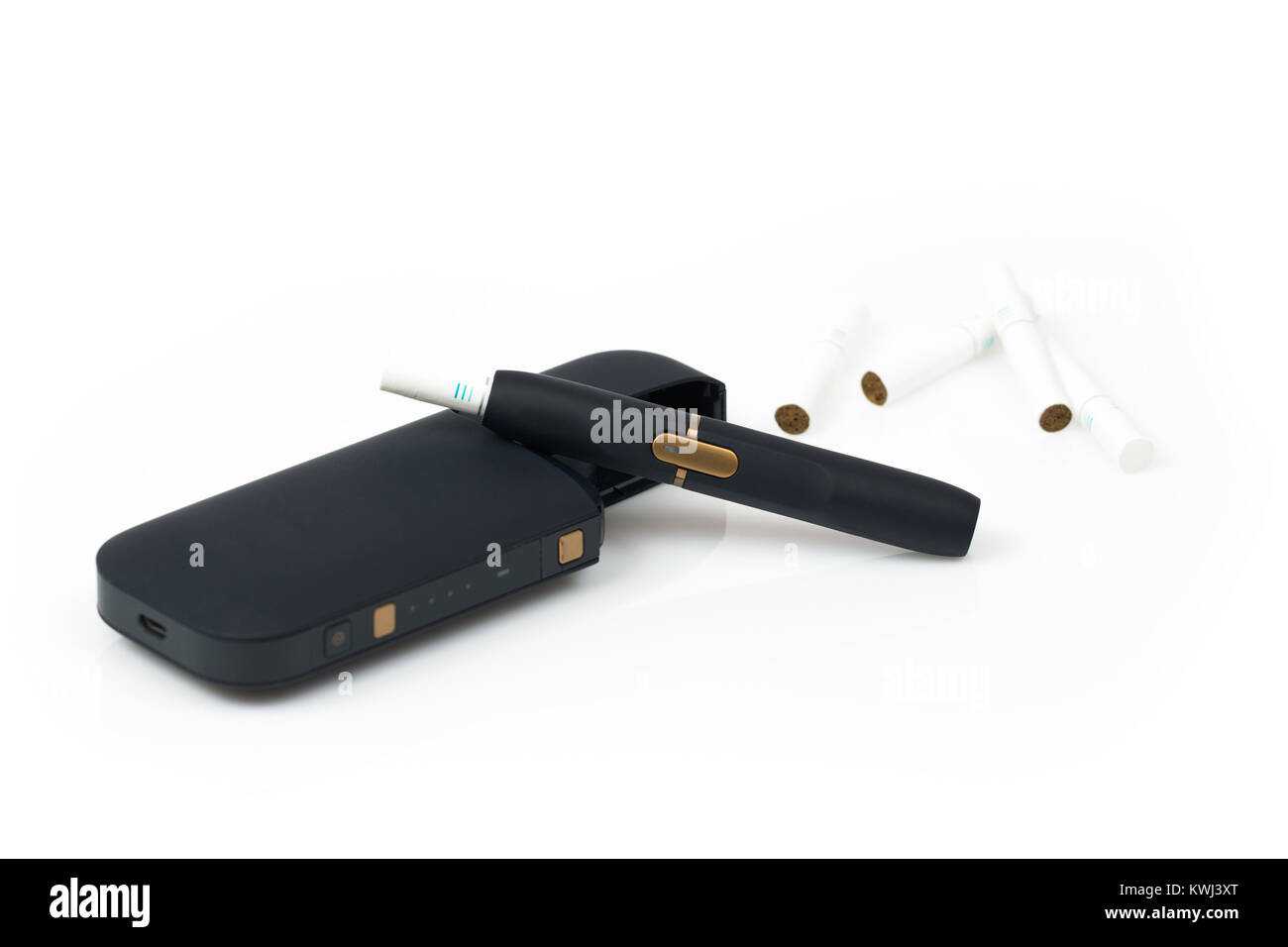 New Electronic cigarette, tobacco heating system isolated on white ...