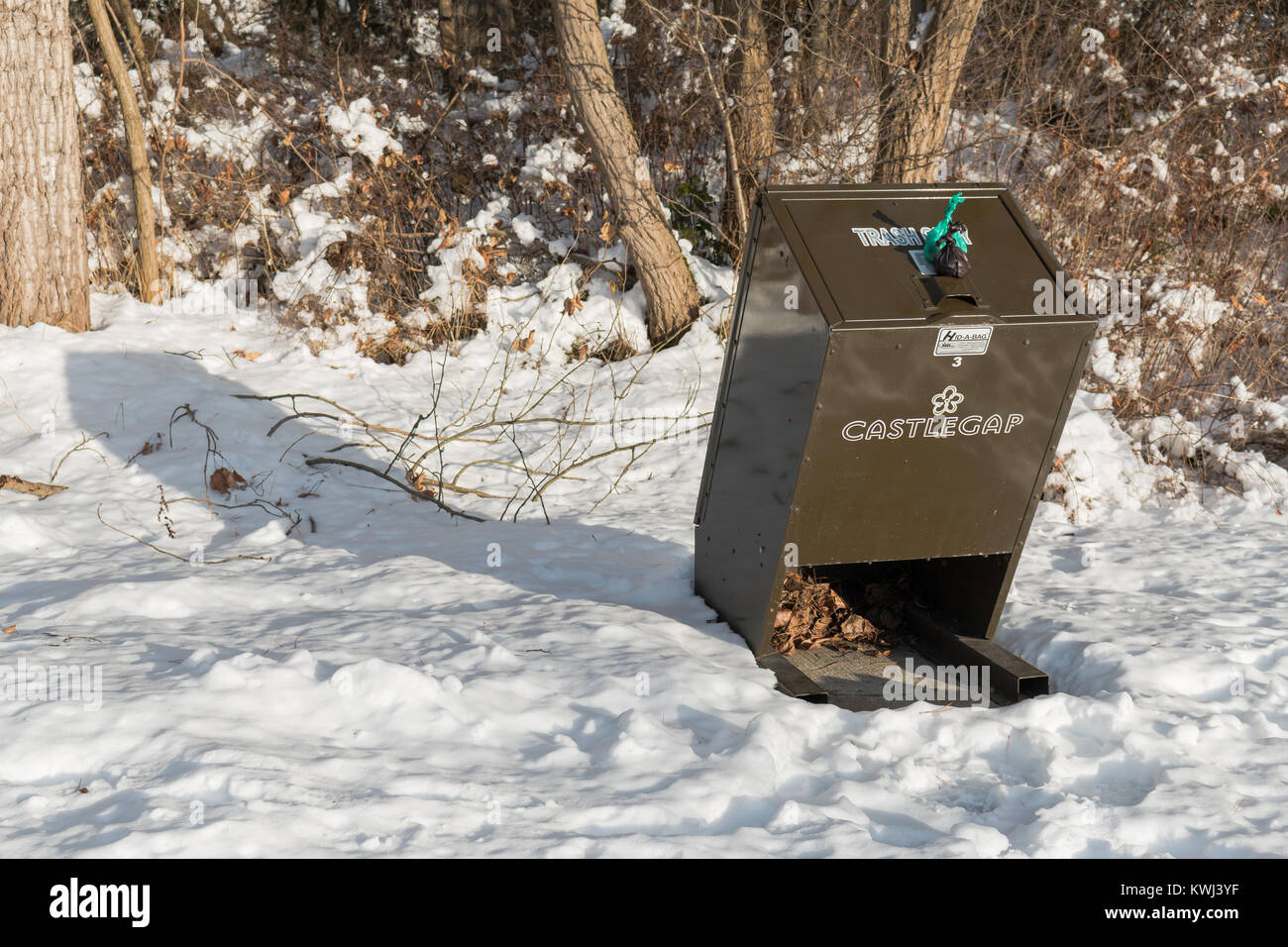 Bags of dog poo left on top of a trash bin in Castlegar, BC Stock Photo ...