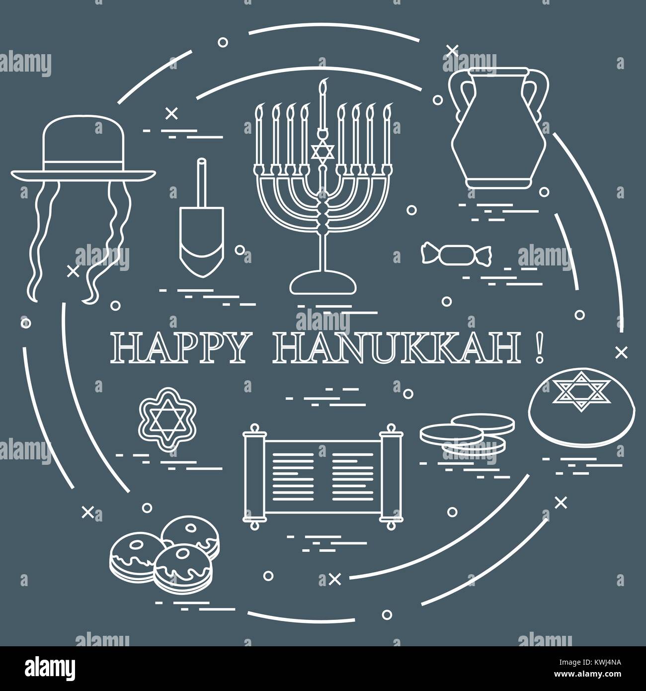 Vector illustration: Jewish holiday Hanukkah: dreidel, sivivon, menorah ...