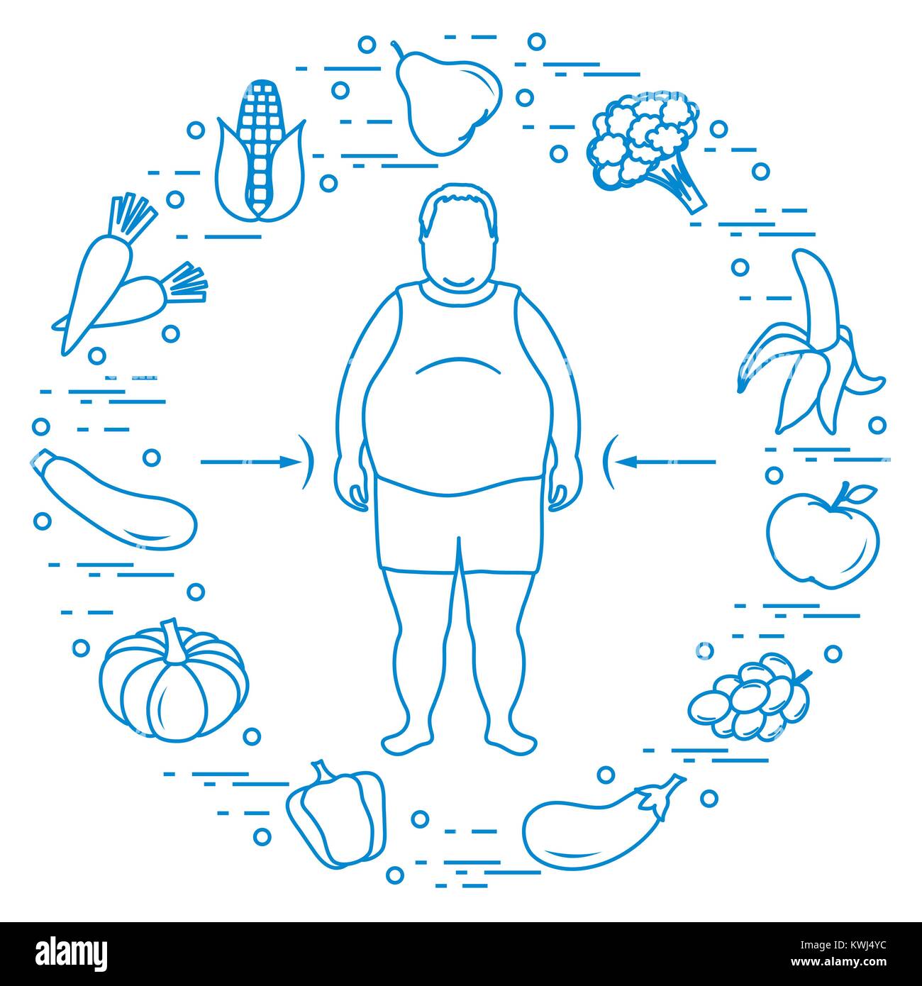Fat man with healthy food around him. Healthy eating habits. Design for ...