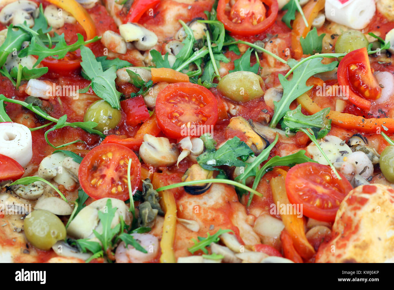 seafood pizza close up food background Stock Photo - Alamy