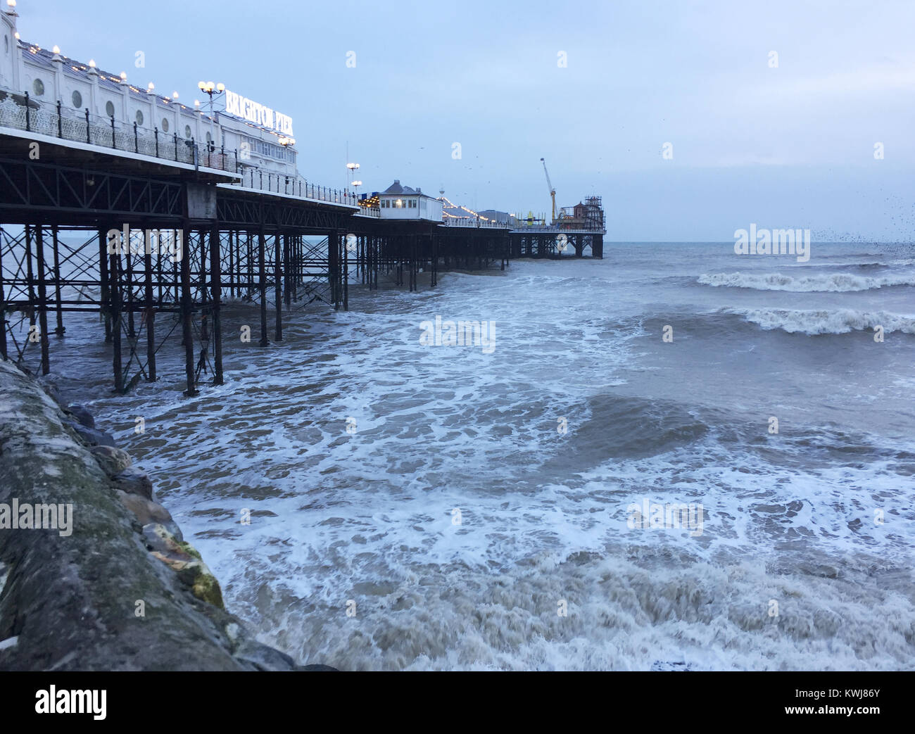 Rough seas at Brighton Pier, as Storm Eleanor lashed the UK with ...