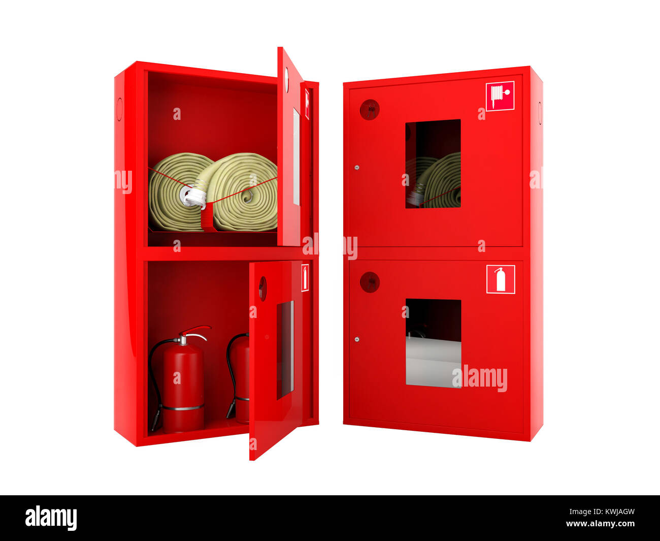 Red fire hose and fire extinguisher cabinets on white background Stock ...