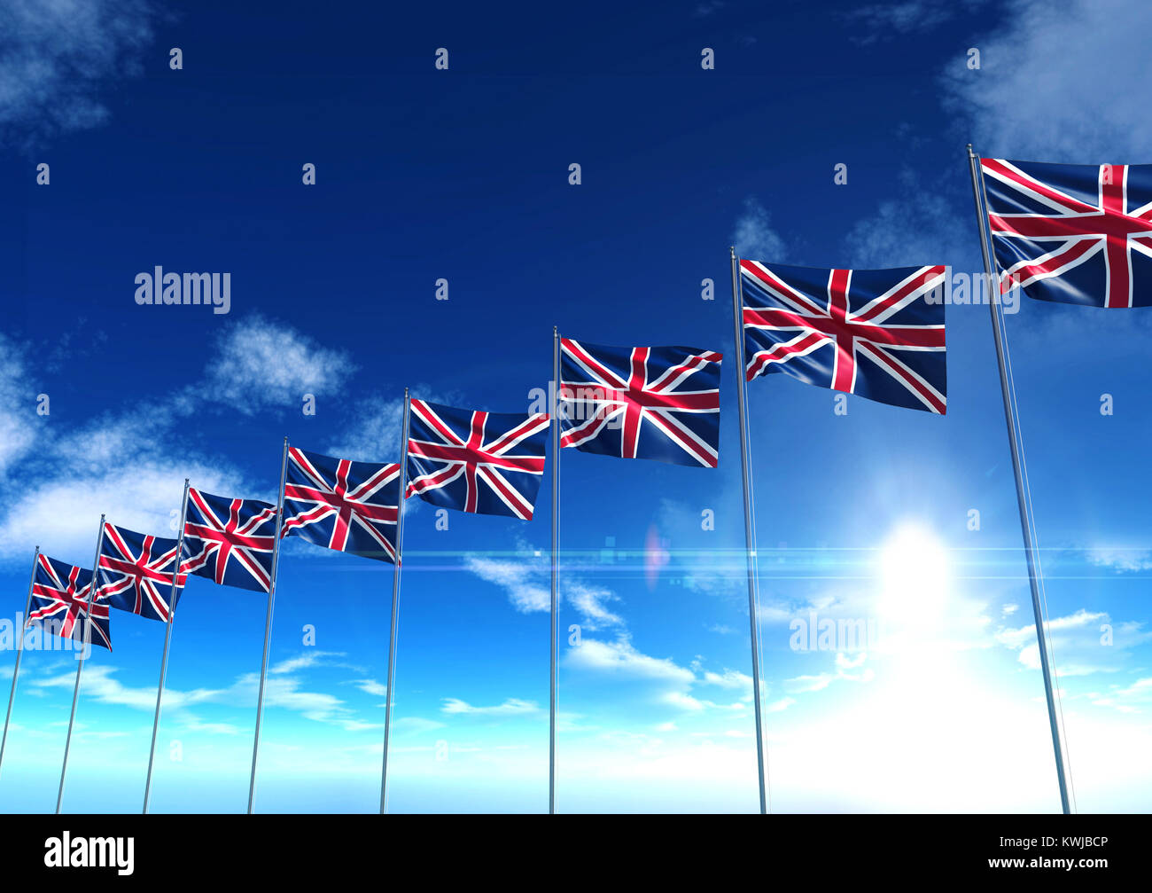 Flags of United Kingdom under blue sky, 3D rendering Stock Photo - Alamy