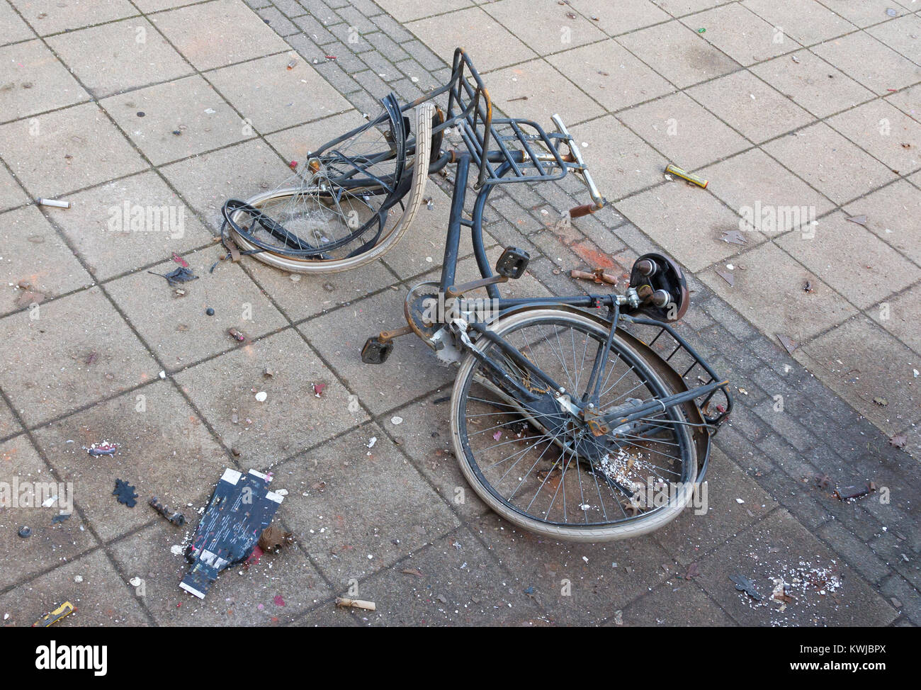 Broken bicycle in the dutch streets - Vandalism during new year Stock ...