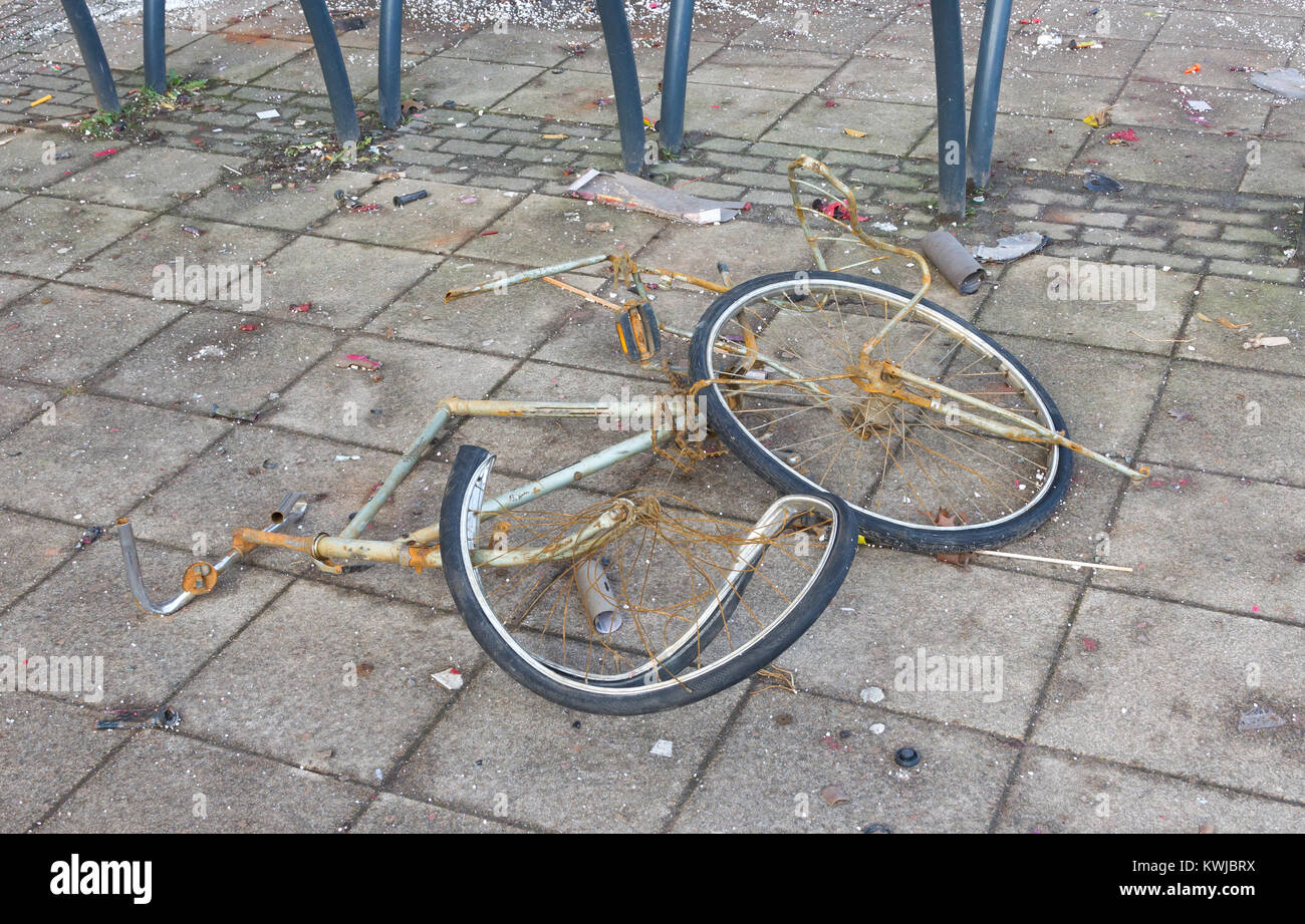 Broken bicycle in the dutch streets - Vandalism during new year Stock ...
