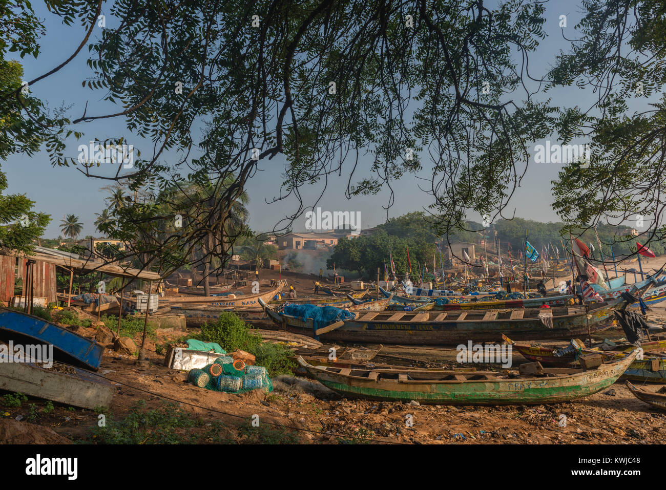 Wooden fishing boats line up on the beach, Senya Beraku, Gold Coast ...
