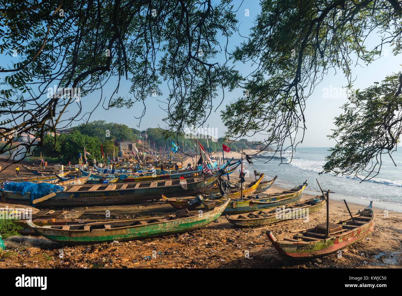 Wooden fishing boats line up on the beach, Senya Beraku, Gold Coast ...