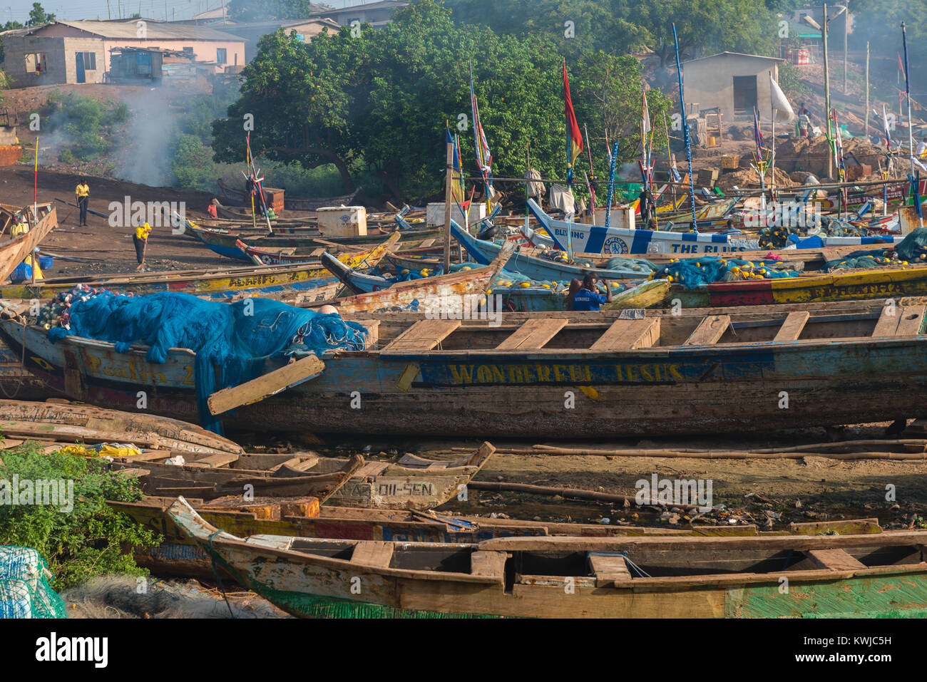 Wooden fishing boats line up on the beach, Senya Beraku, Gold Coast ...