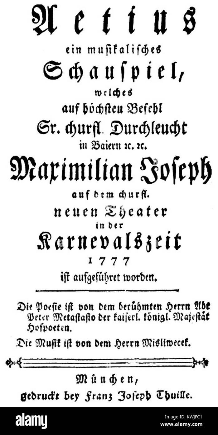The 1777 German title page of the libretto for 'Ezio' by Czech composer ...