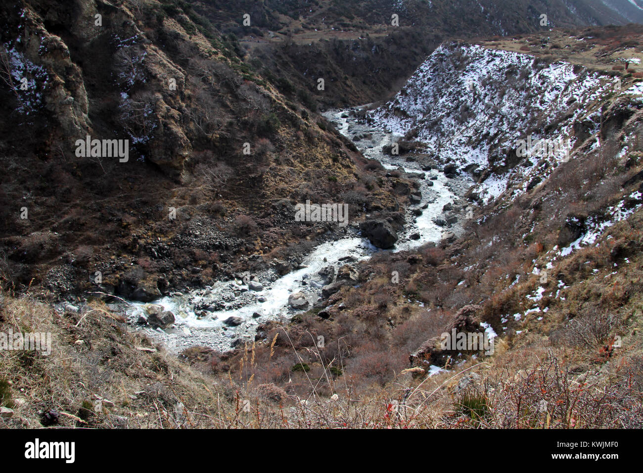 Snow and river in mountain near Samdo in Nepal Stock Photo - Alamy