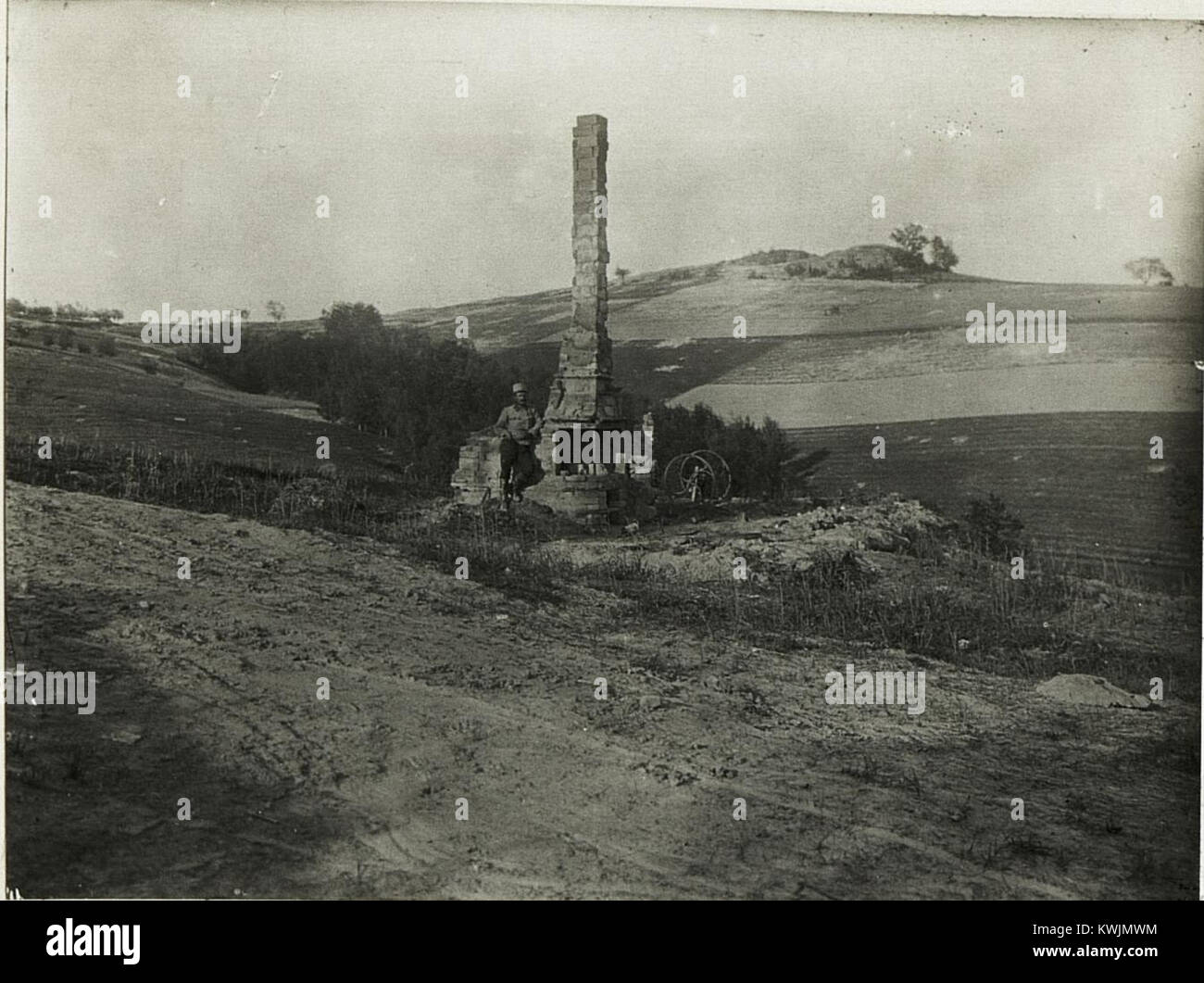 An image showing a destroyed farmhouse near the Russian front during ...