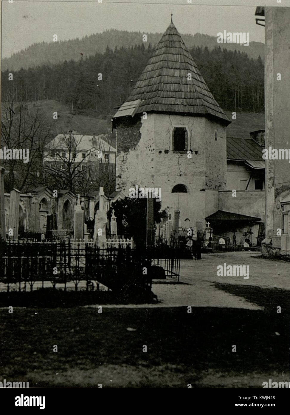 The image shows the destroyed cemetery chapel in Tarvis, Italy, likely ...
