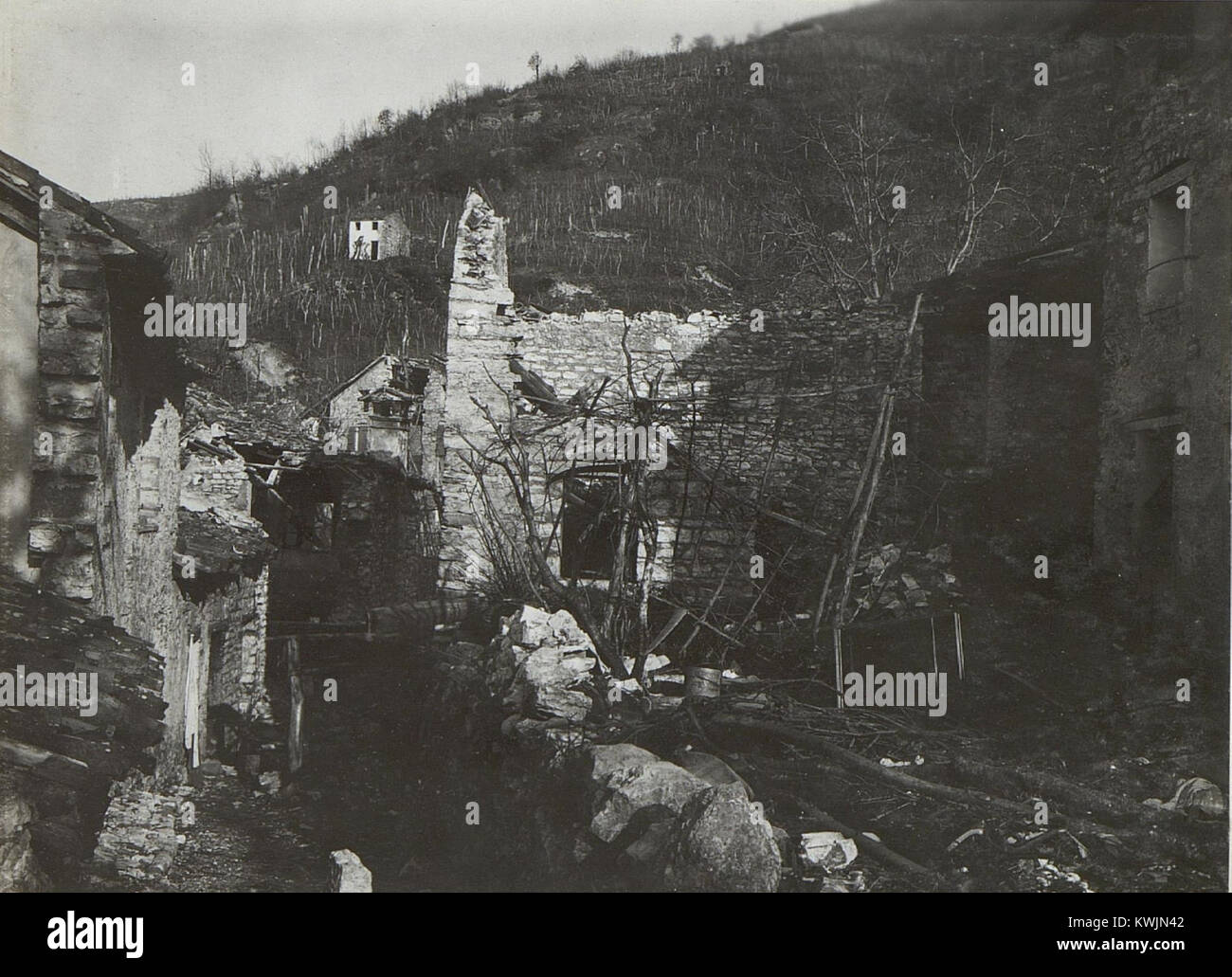 Photograph of destroyed houses in Valdobbiadene, Italy shows rubble ...