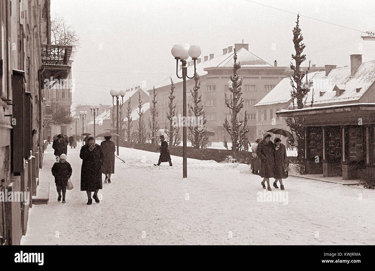 A 1960 photograph showing Partizanska Cesta in Maribor covered in snow ...