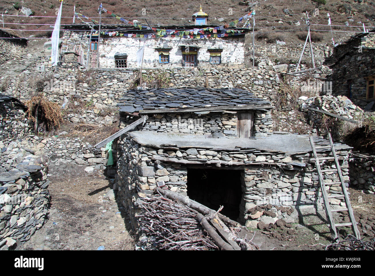 Buddhist temple and stone houses in village Samdo in Nepal Stock Photo ...