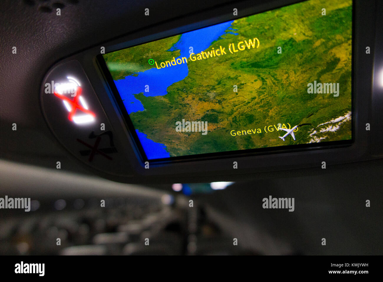 Aeroplane / air plane cabin flight position map display on TV screen ...