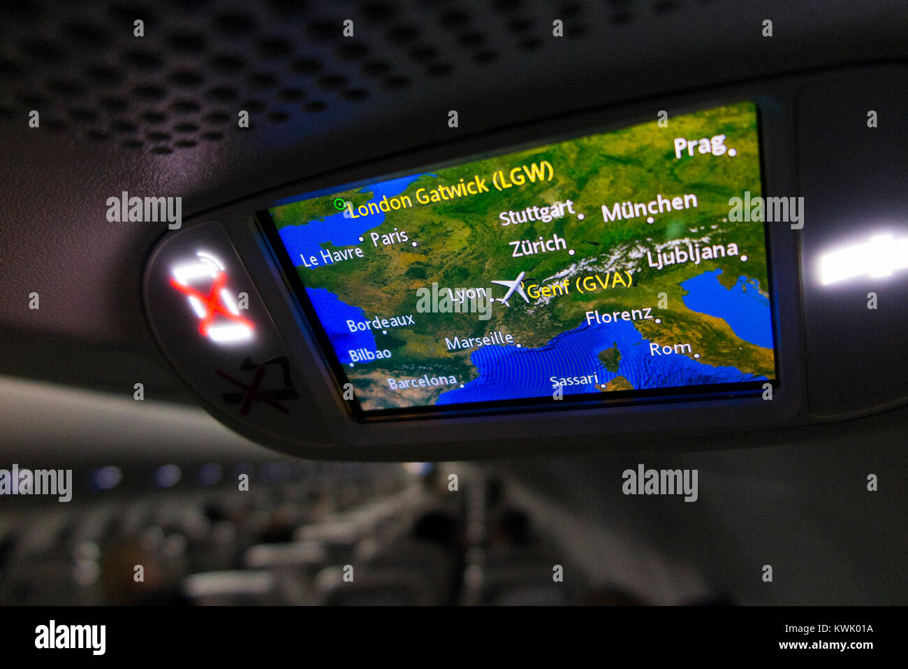 Aeroplane / air plane cabin flight position map display on TV screen ...