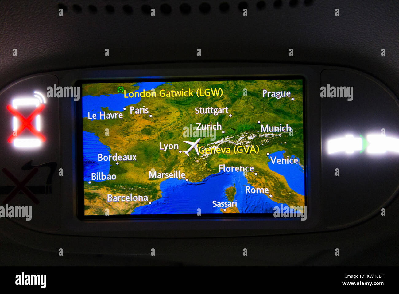 Aeroplane / air plane cabin flight position map display on TV screen ...
