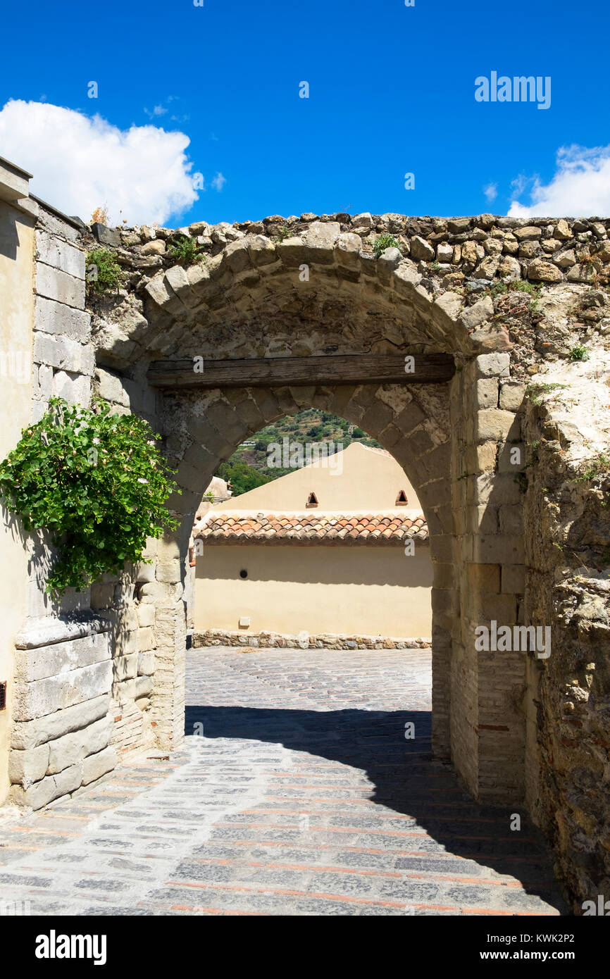 medieval gateway in the ancient village walls of savoca on the island ...
