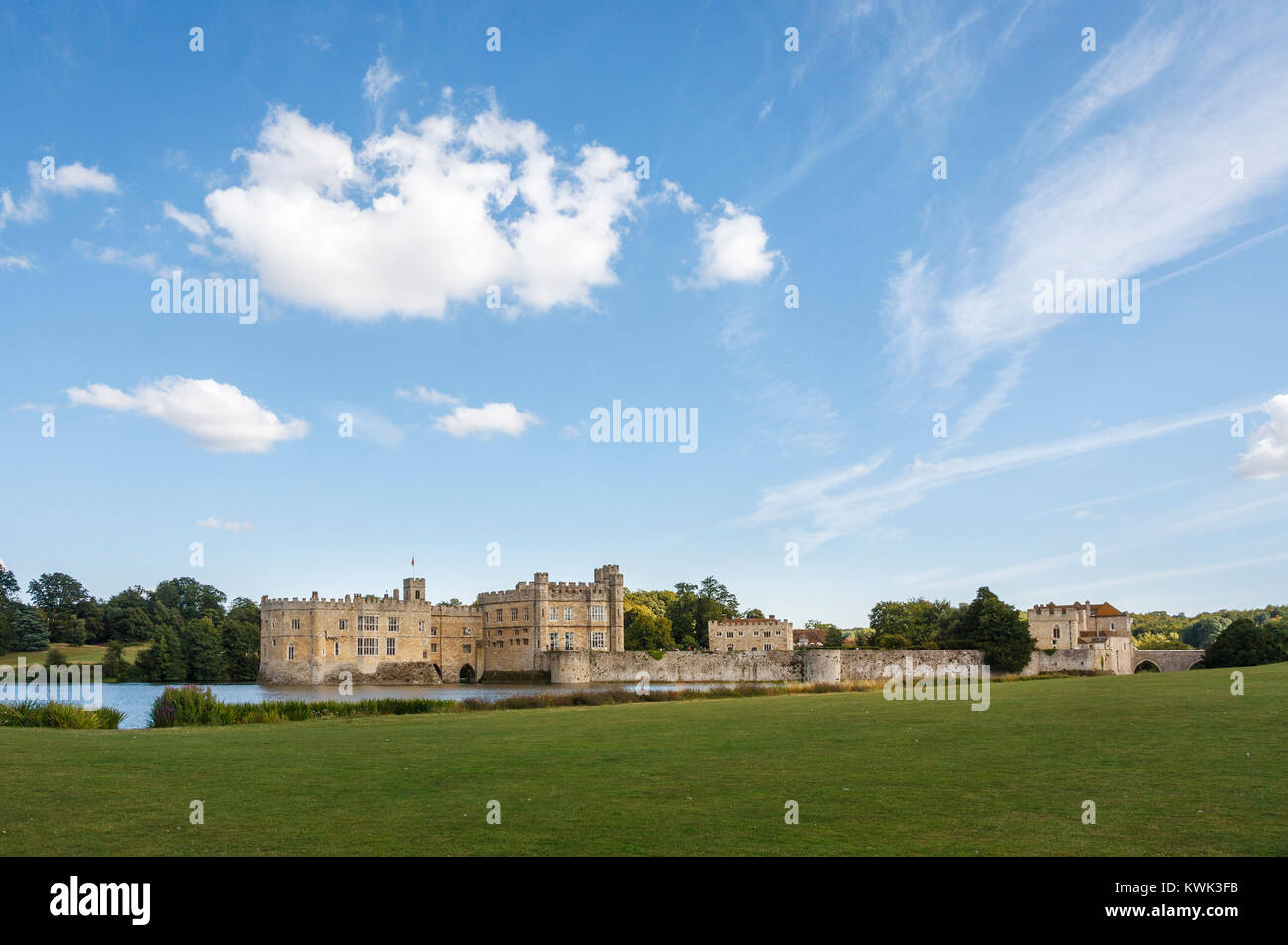 Panoramic view of the exterior of Leeds Castle and moat, near Maidstone ...