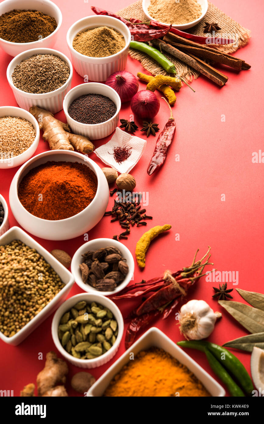 Raw Indian Spice Powder over red, green or yellow background, selective ...
